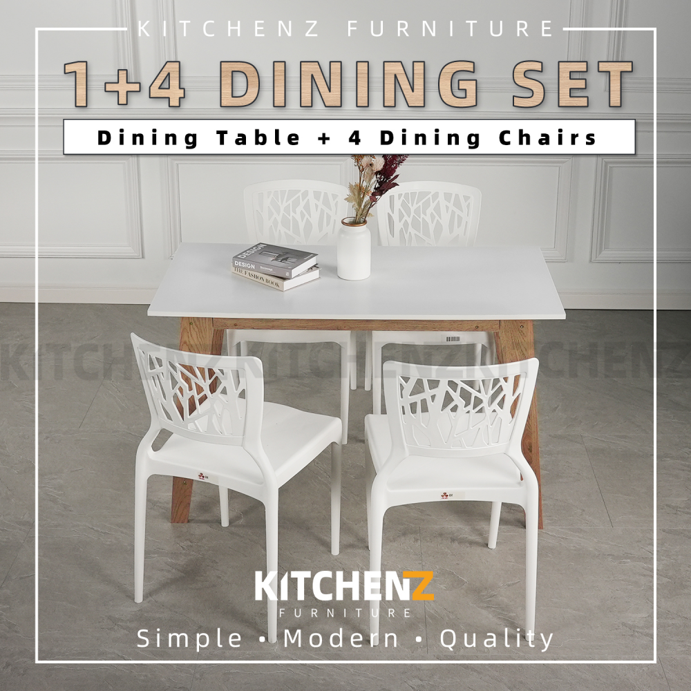 KitchenZ Simona Series 1 + 4 Dining Set Dining Table with 4 Dining Chairs Solid Wood Leg Meja ...