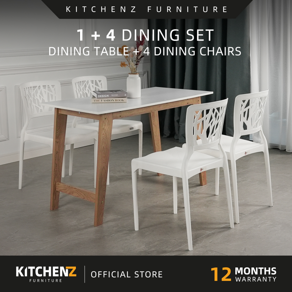 KitchenZ Simona Series 1 + 4 Dining Set Dining Table with 4 Dining Chairs Solid Wood Leg Meja ...
